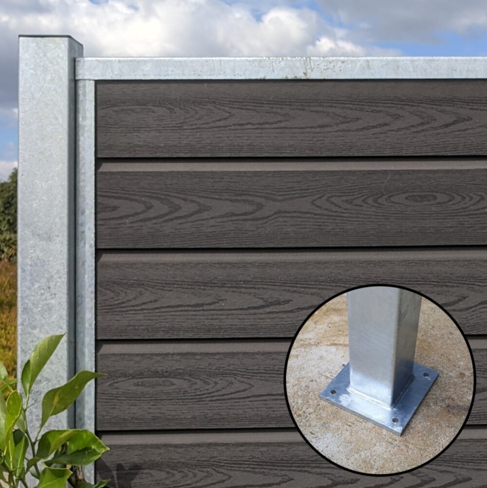 K2 Komposit affaldsskjul. Varmgalvaniseret stålstolpe med fodplade, gråsort træstruktur komposit ...