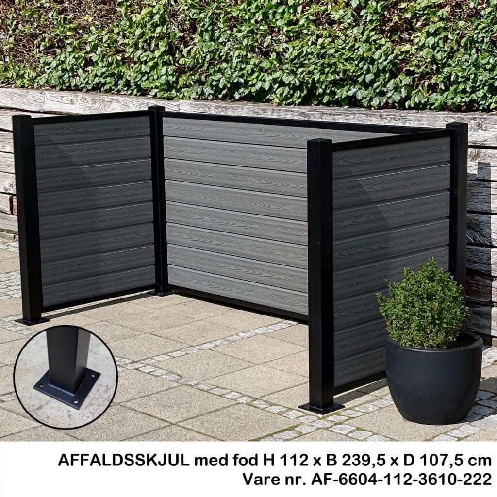 K2 Komposit affaldsskjul. Sort pulverlakeret stålstolpe med fodplade og betongrå træstruktur ...