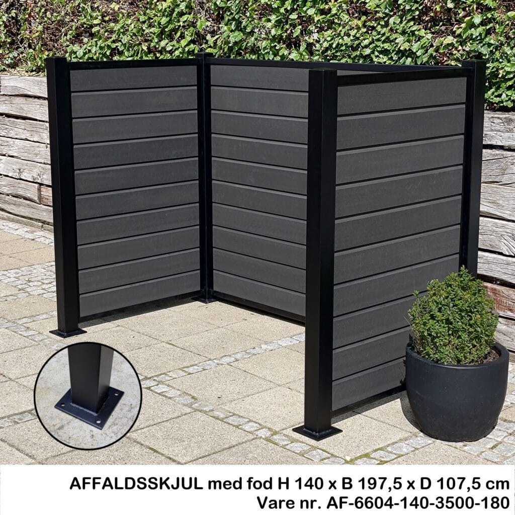 K2 Komposit affaldssskjul. Sort pulverlakeret stålstolpe med fodplade og gråsort komposit. H 140 ...