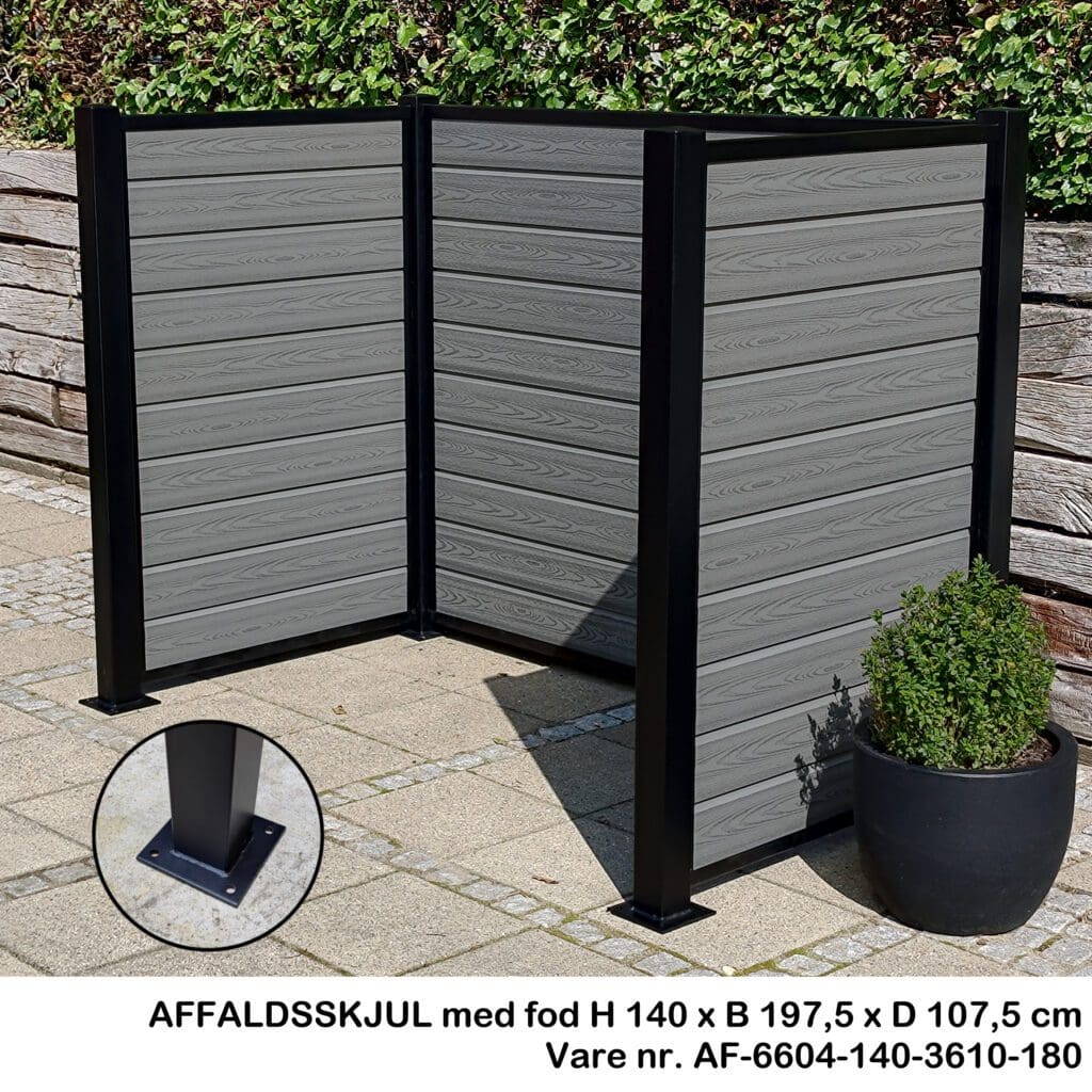 K2 Komposit affaldsskjul. Sort pulverlakeret stålstolpe med fodplade og betongrå træstruktur ...